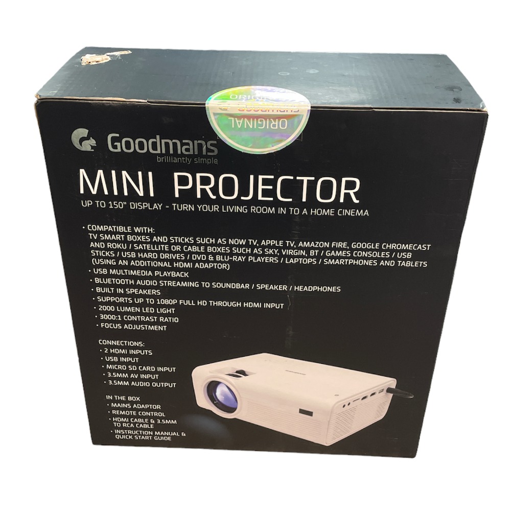 New Goodmans Mini Projector 2000 ANSI Lumens FHD - White - Own4Less